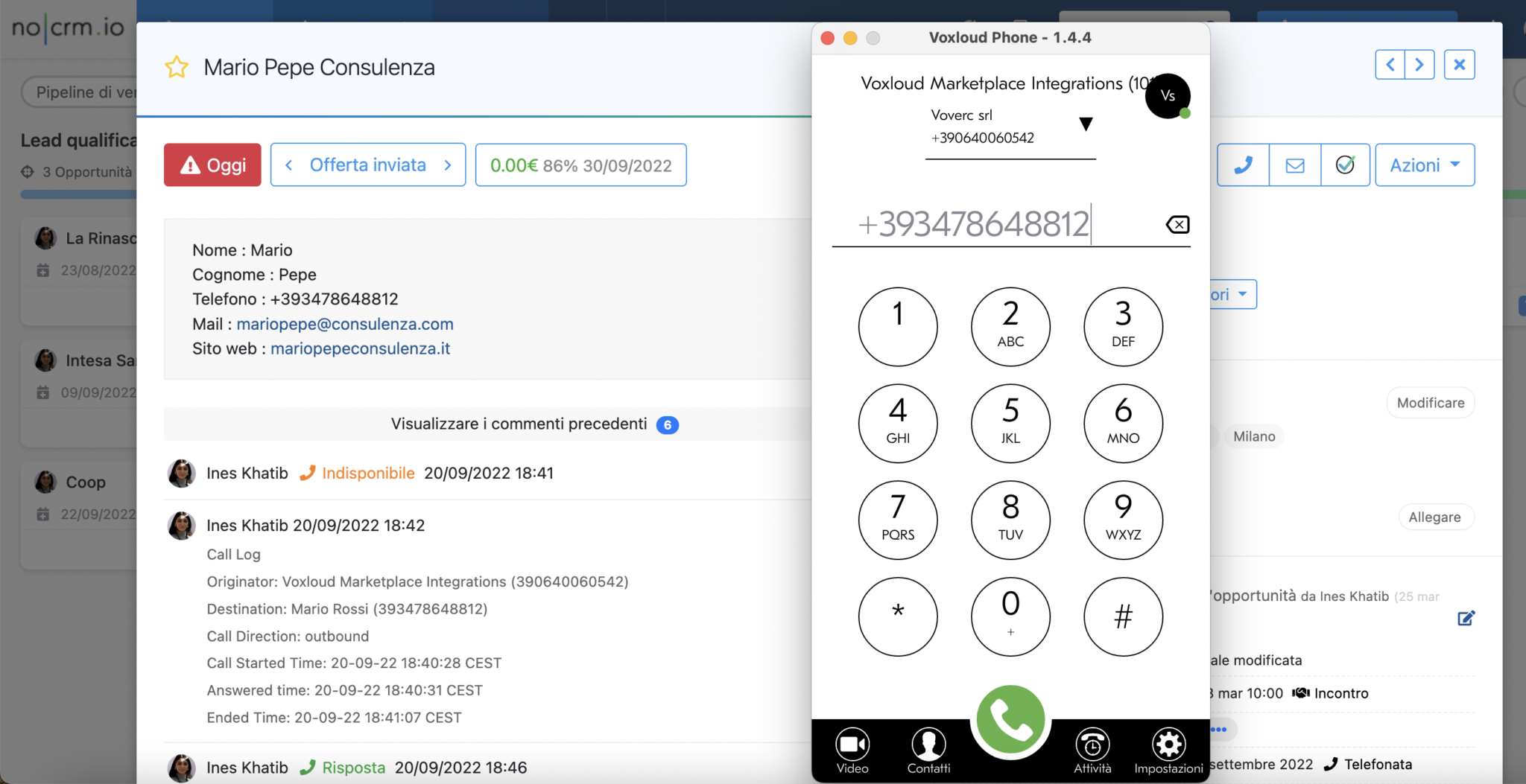 Centralino italiano Voxloud si integra ora con noCRM.io
