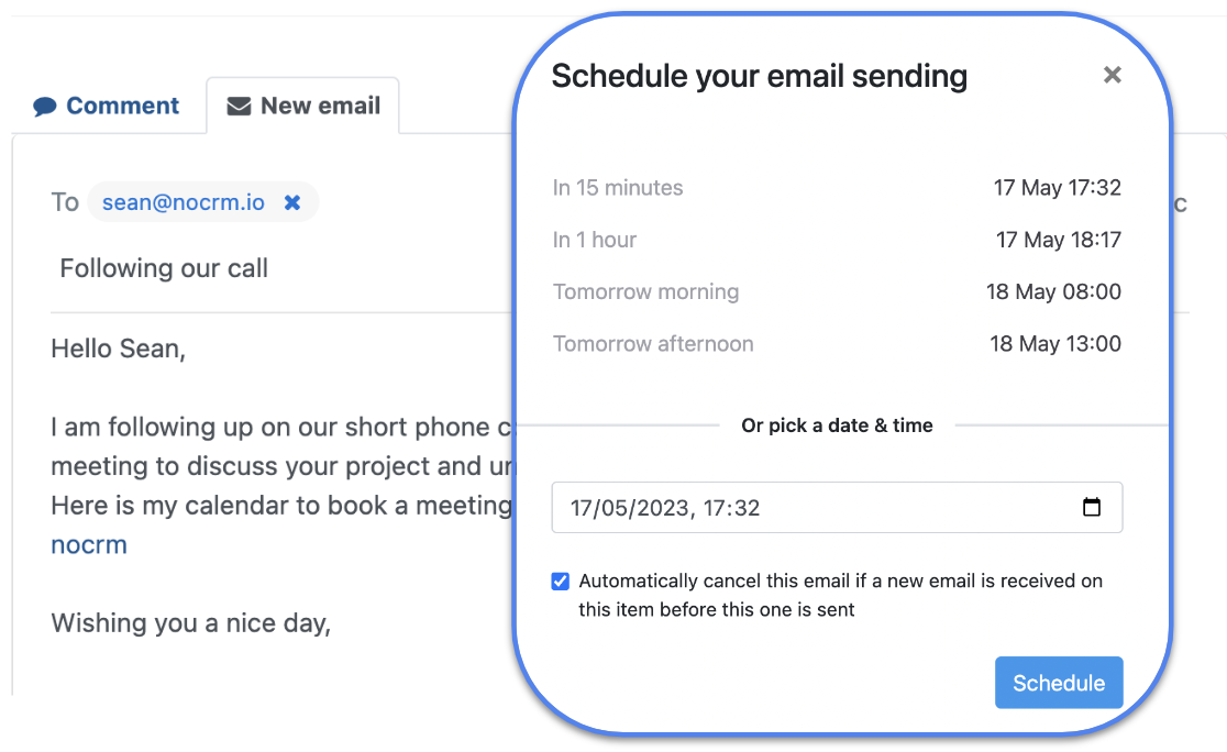 Never miss a follow-up: schedule sales emails with noCRM